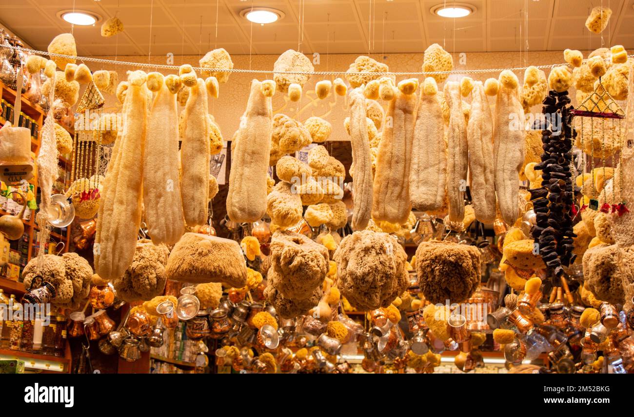 Collection of natural marine sea sponges for spa and Wellness on a ...