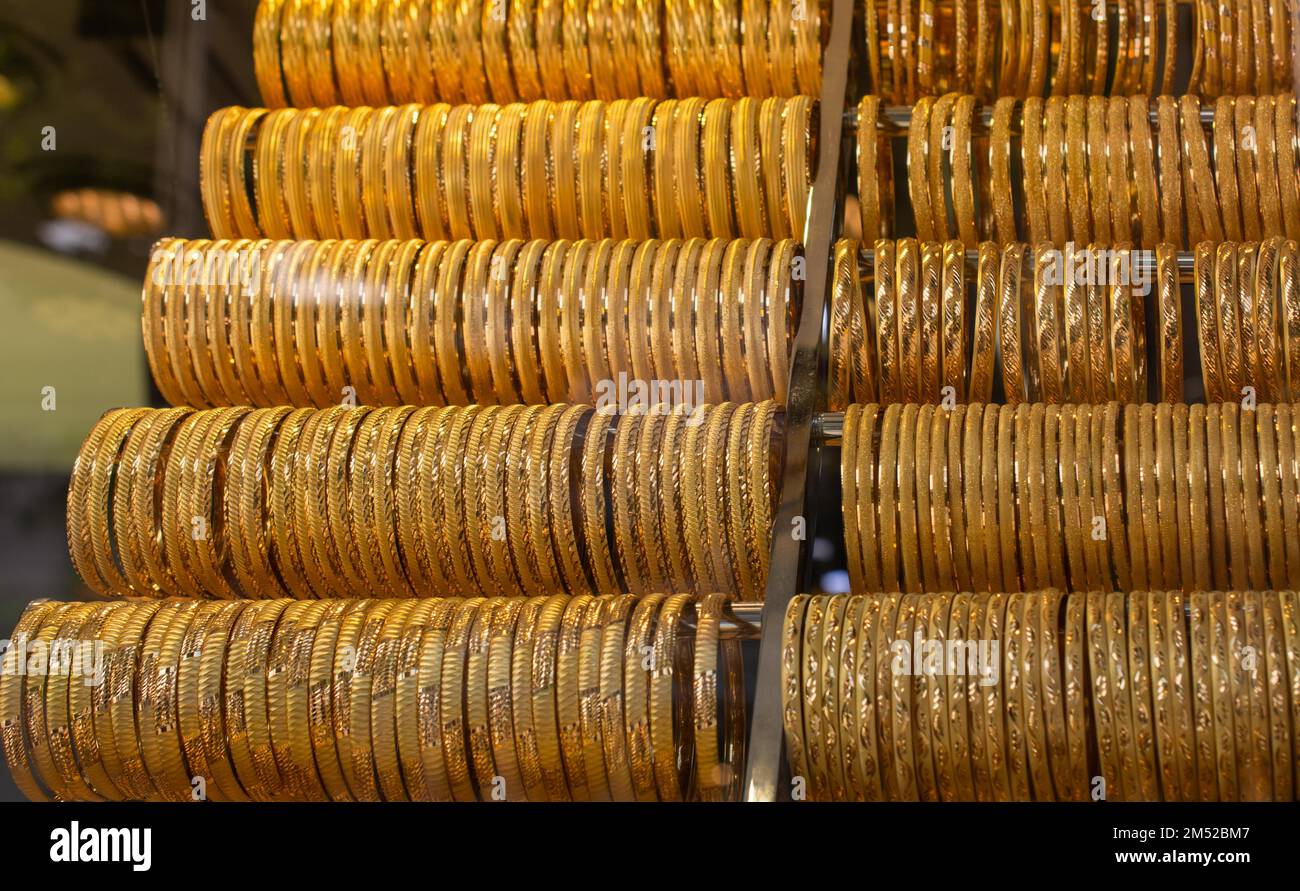 Display of of golden bracelets examples of Turkish jewelry Stock Photo ...