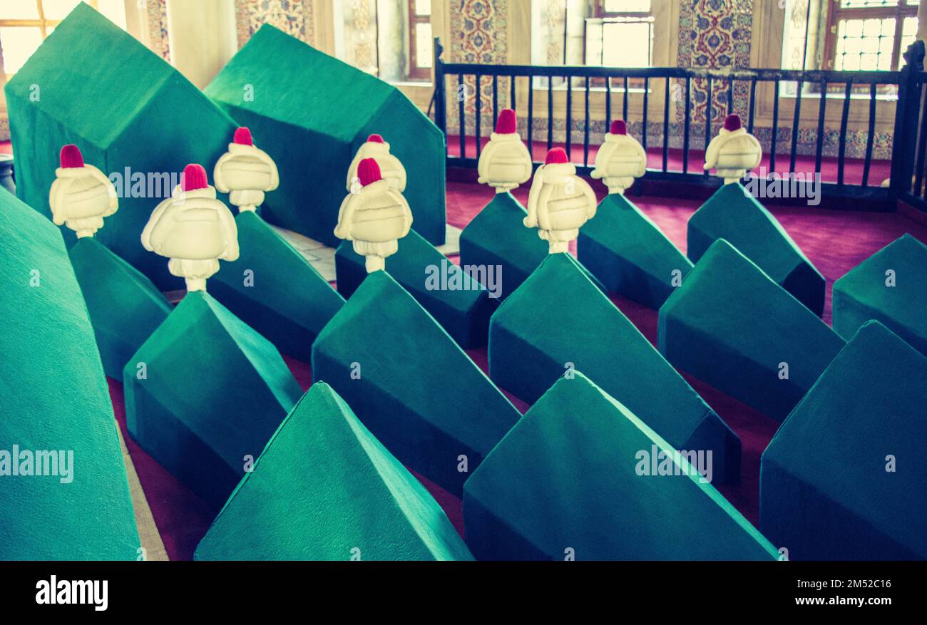 Rows of coffins in an ottoman turkish mausoleum tomb Stock Photo - Alamy