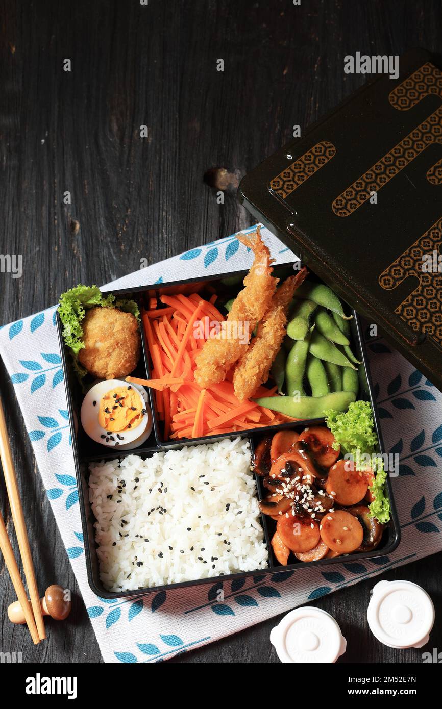 Japanese Bento Box with SAusage, Nugget, Egg, and Tempura Prawn. Top ...