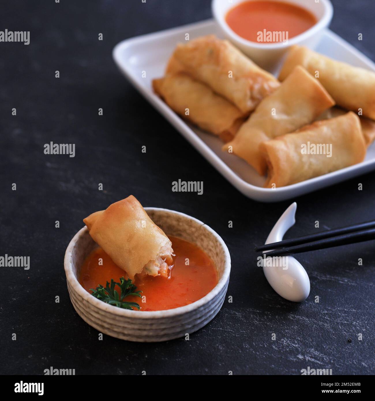 Fried Chinese Shrimp Spring Roll with Sweet Spicy Sauce, Copy Space for ...