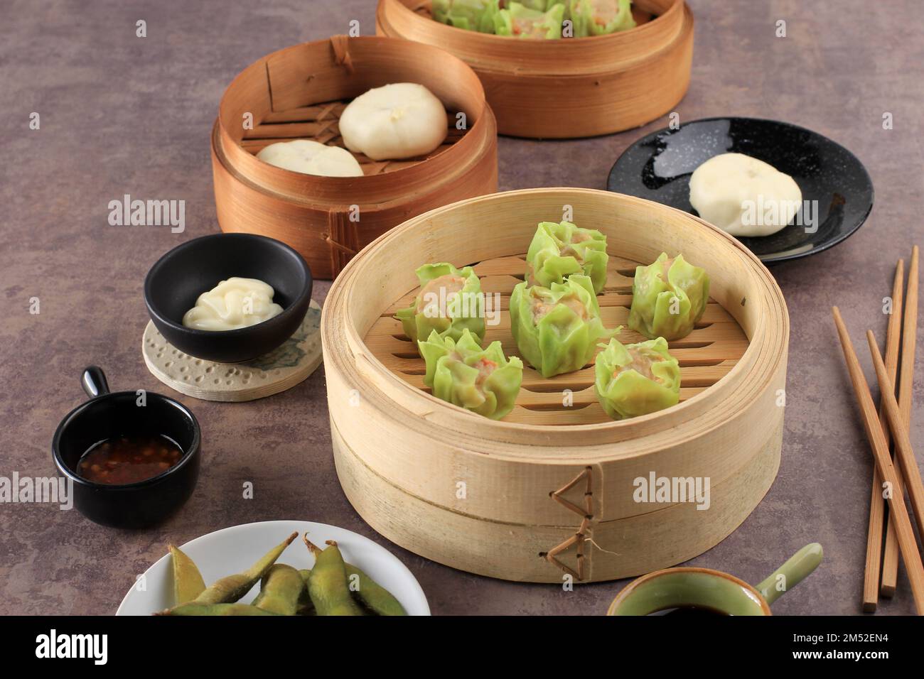 Vegetable Shumai with Green Skin Color, Steamed Dim Sum Dumpling on ...