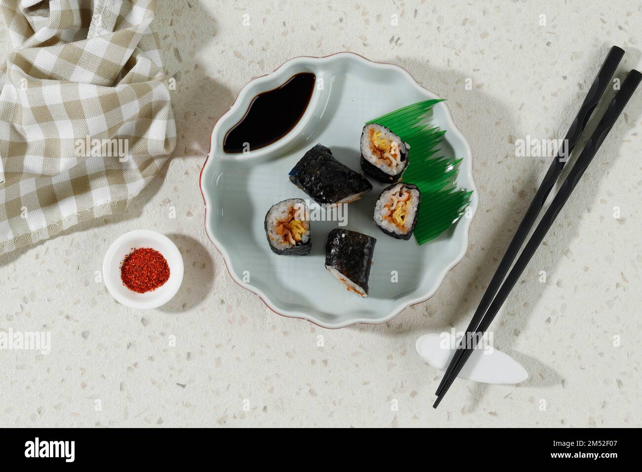 Top View Mini Sushi with Egg and Beef Floss, Served with Soy Sauce and ...