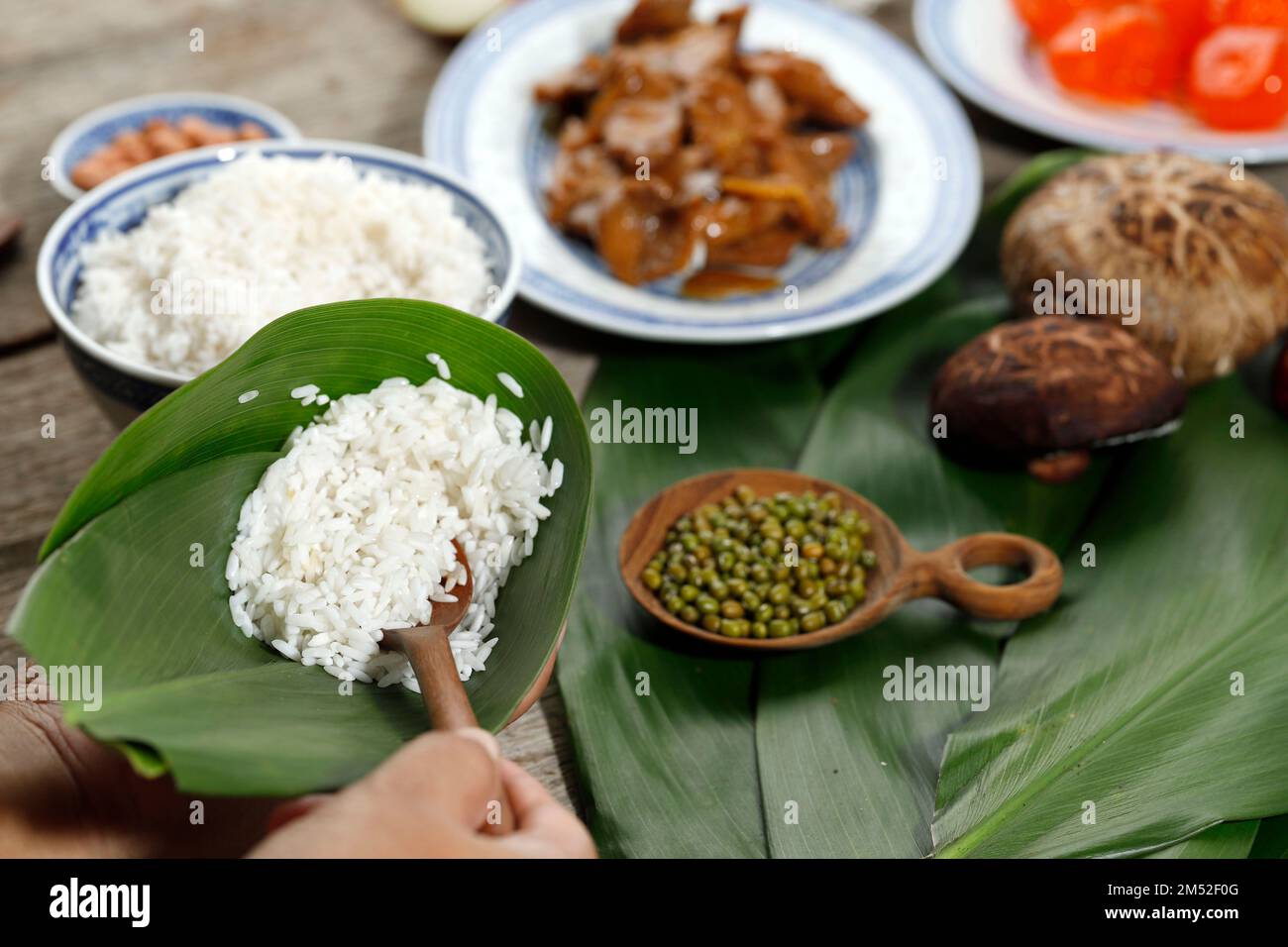 Preparation Making Chinese Rice Dumpling, Zongzhi or Bakcang. Wrapping ...