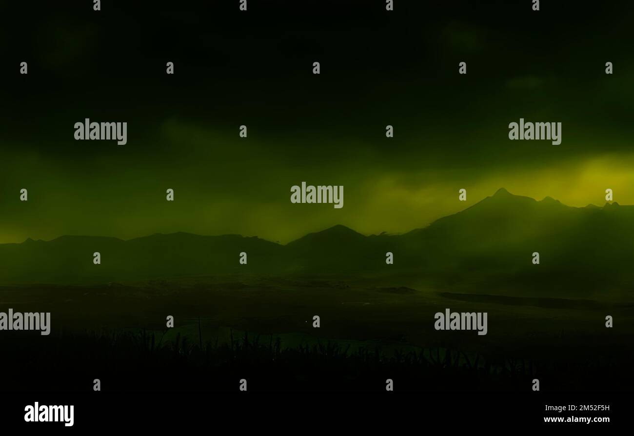 A digital illustration of mountains and grasses in a mysterious green ...