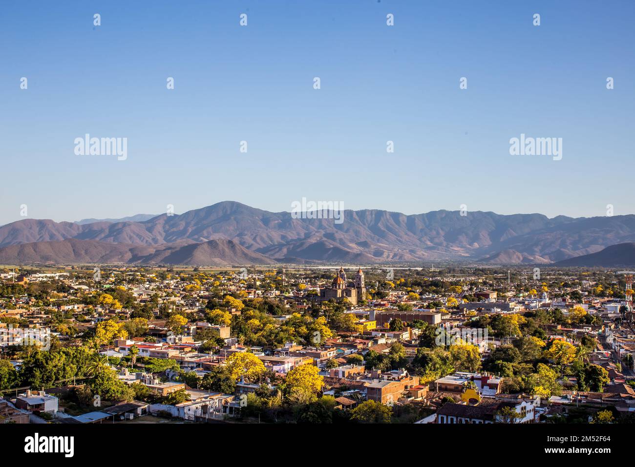 An aerial view of spring trees in the city of Autlan de navarro in ...