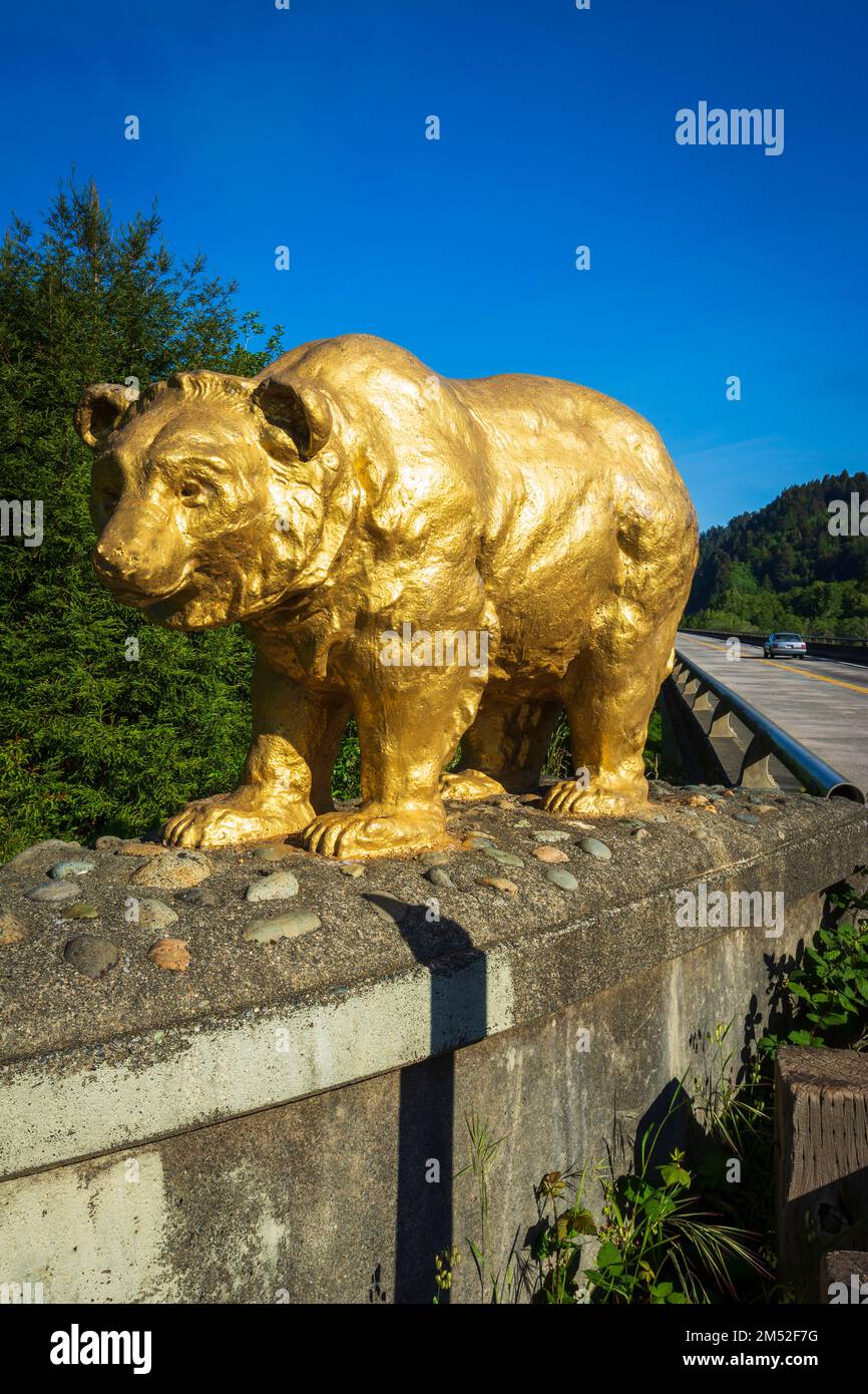 Golden bear statue on the Klamath River bridge, Klamath, California USA ...