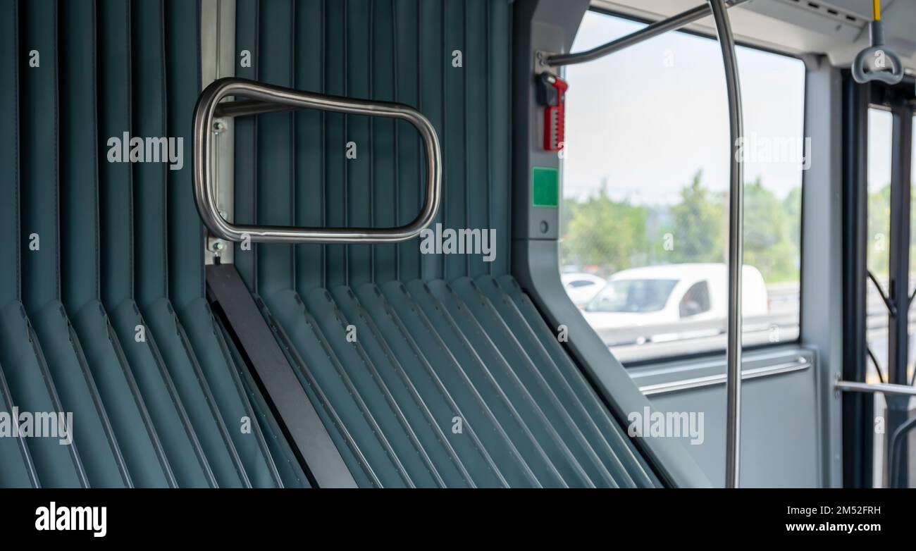 The interior of empty modern public passenger bus Stock Photo - Alamy