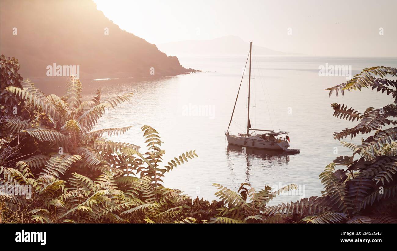 A Yacht in Aspat Bay in summer Stock Photo - Alamy