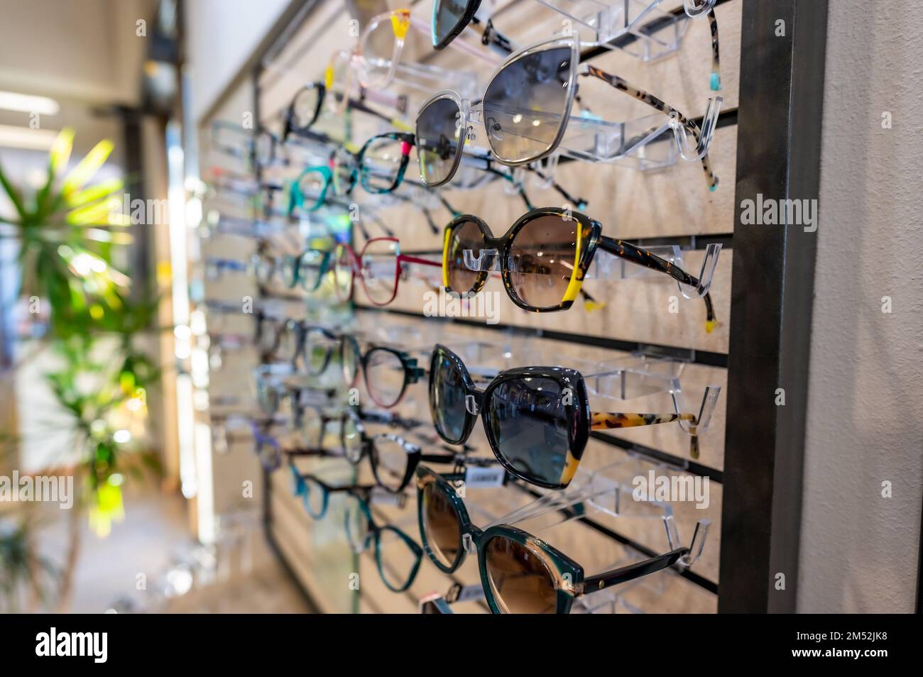 Assorted glasses on display at an opometrist store Stock Photo - Alamy
