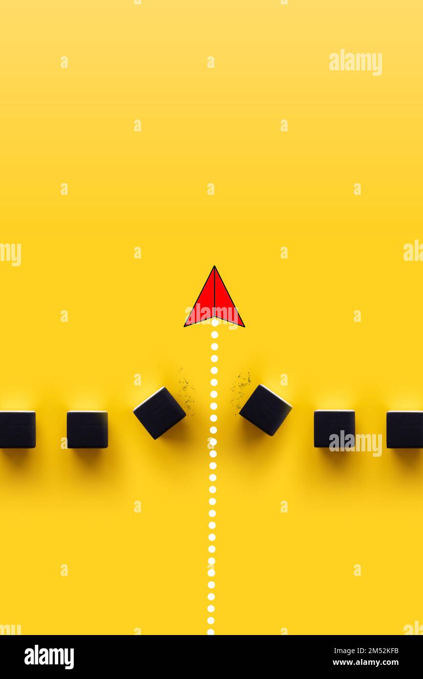 Concept of overcoming barriers, goal, target. Red paper plane Stock ...