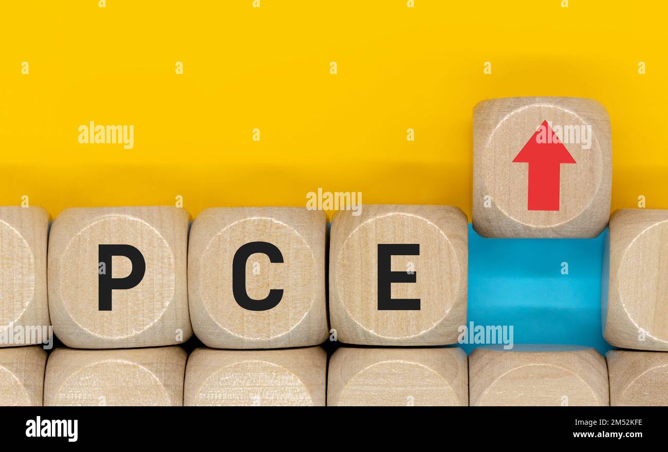 pce, personal consumption expenditure symbol. Wooden blocks with words ...
