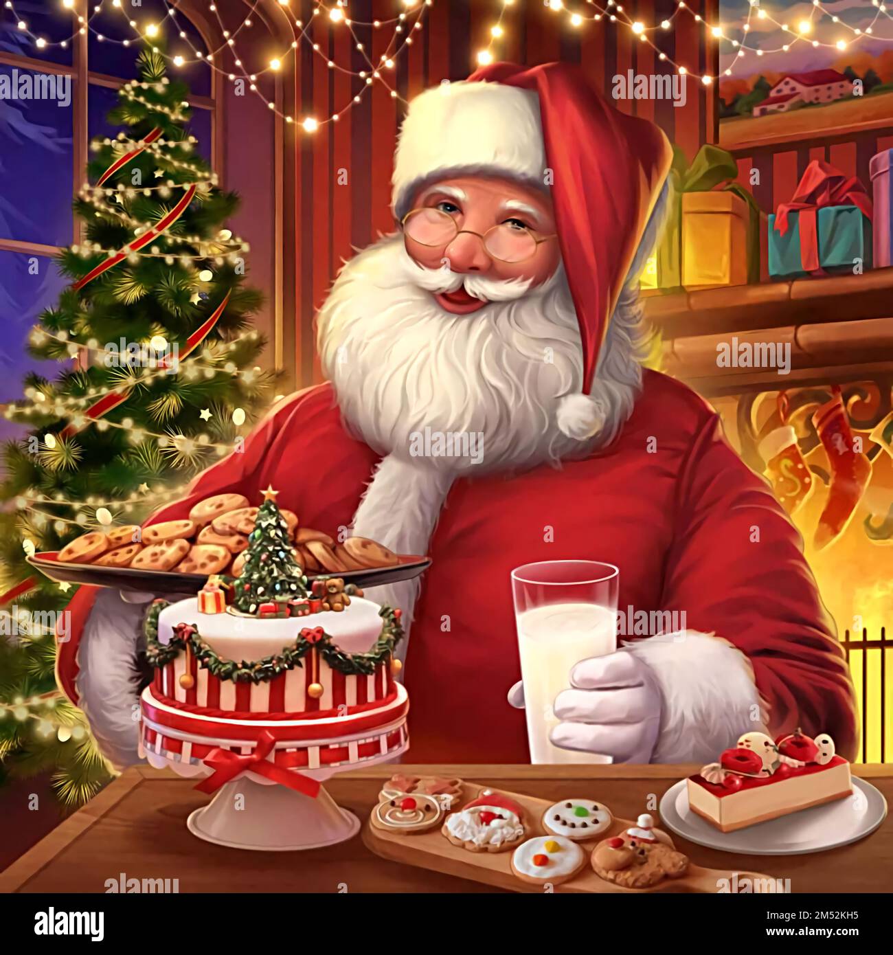 santa claus with christmas tree, cake and milk Stock Photo - Alamy