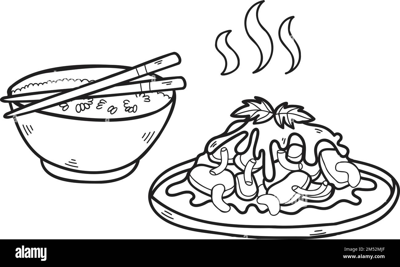 Hand Drawn Rice with Fried Vegetables Chinese and Japanese food ...