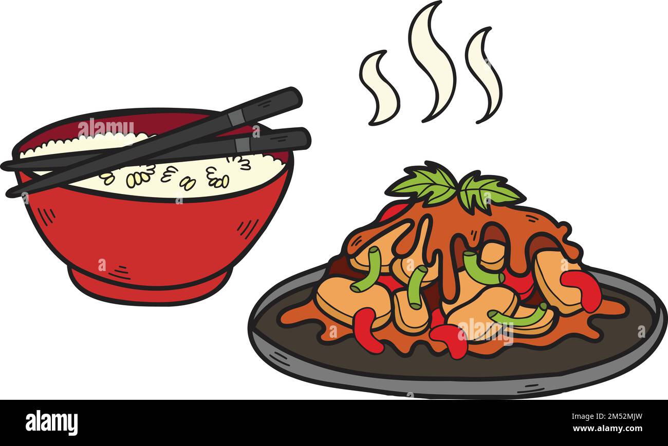 Hand Drawn Rice with Fried Vegetables Chinese and Japanese food ...