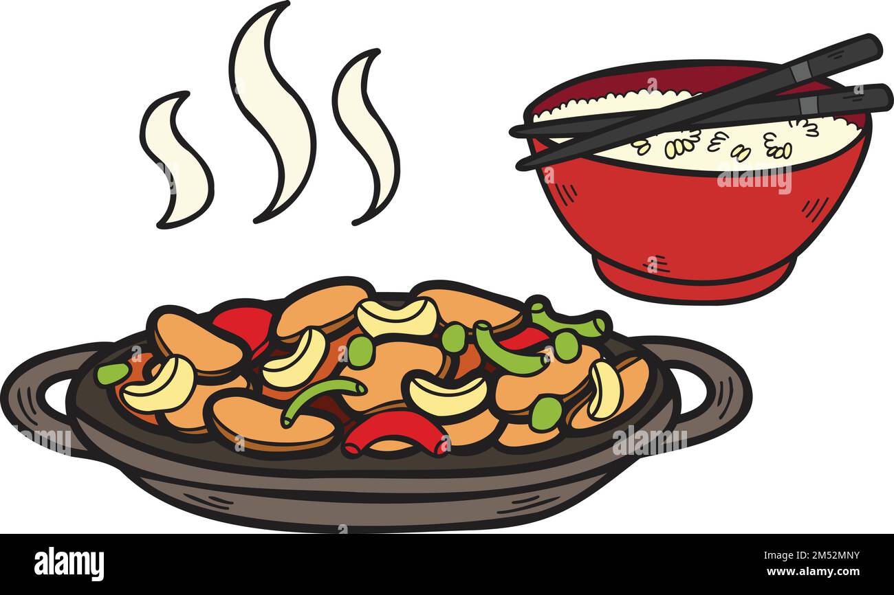 Hand Drawn Rice with Fried Vegetables Chinese and Japanese food ...