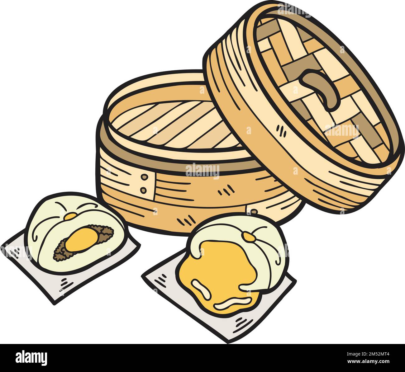 Hand Drawn steamed bun with bamboo tray Chinese and Japanese food ...