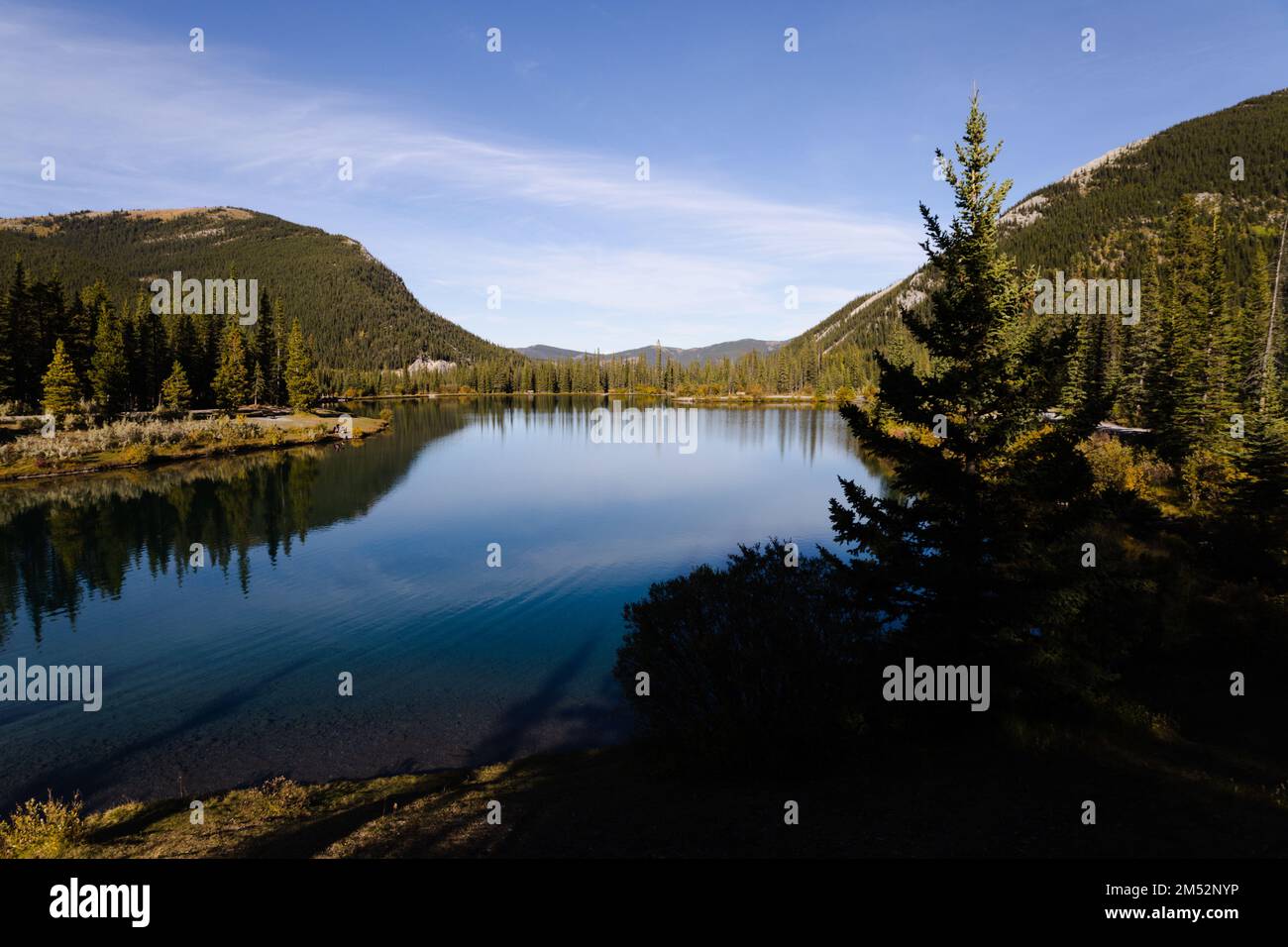 The Forgetmenot Pond with mountains in the background in Alberta ...