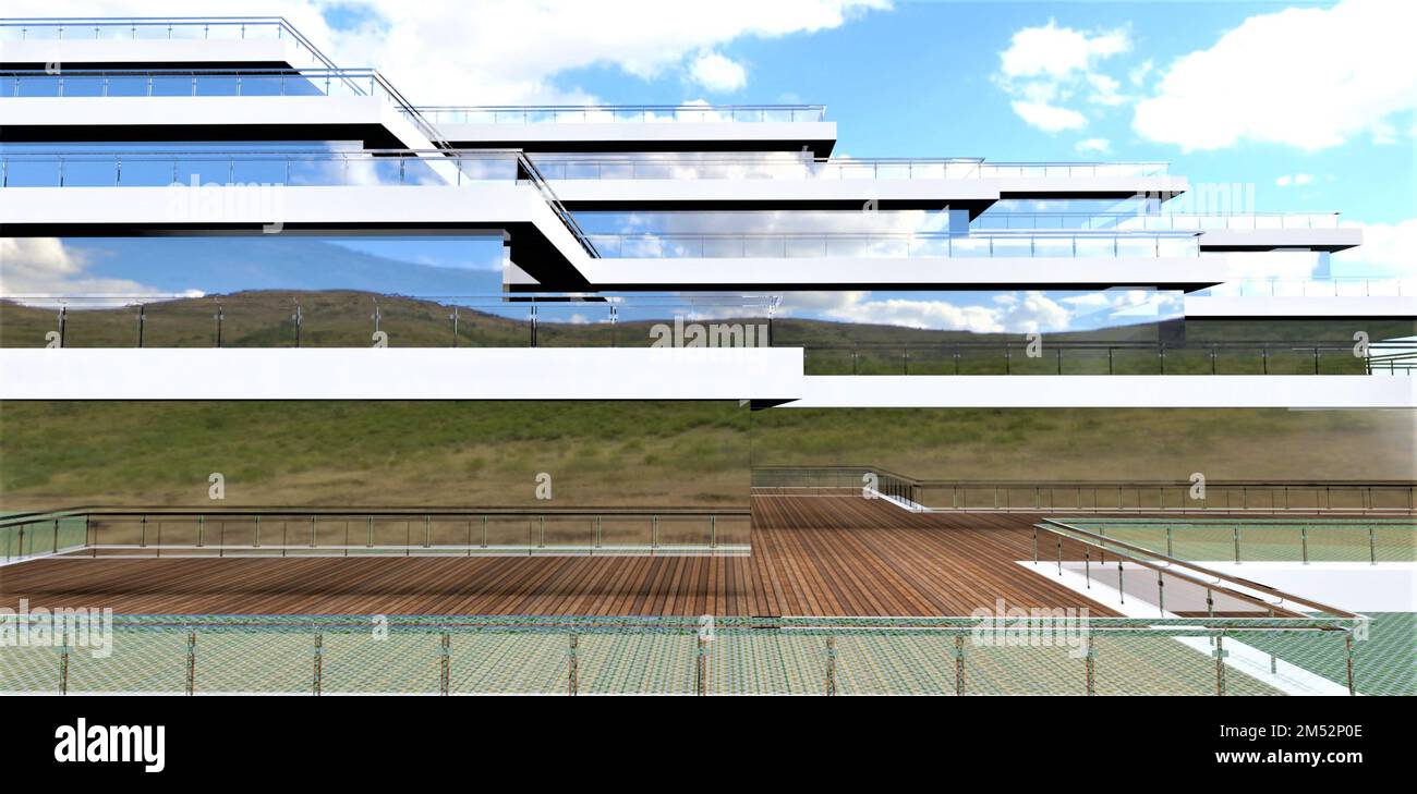 Empty terrace of a multi-level luxury hotel. Huge mirrored windows ...