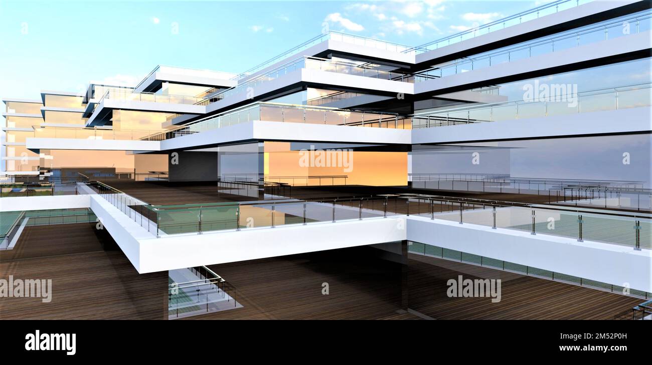 Abstract glass facade of a modern luxury hotel in a sparsely built-up ...