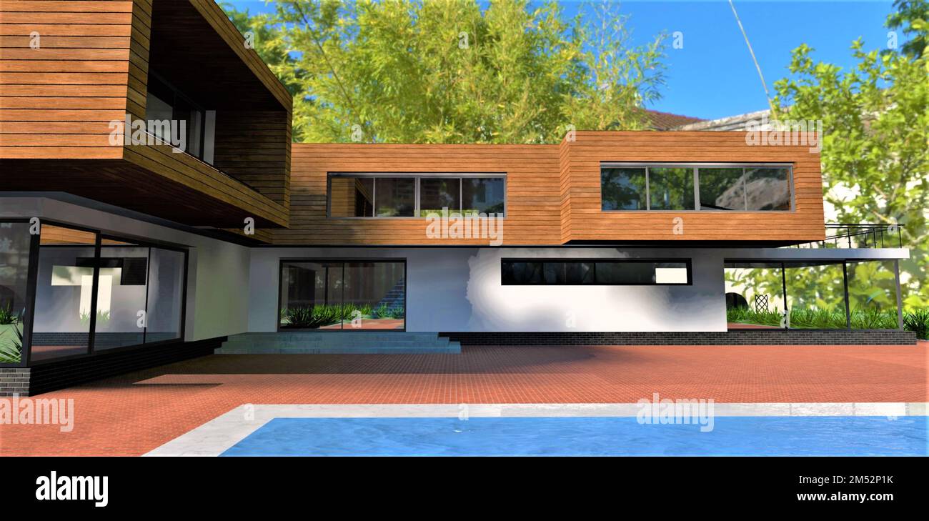 Sunlight on the wall. A shady yard with a swimming pool of a cozy ...