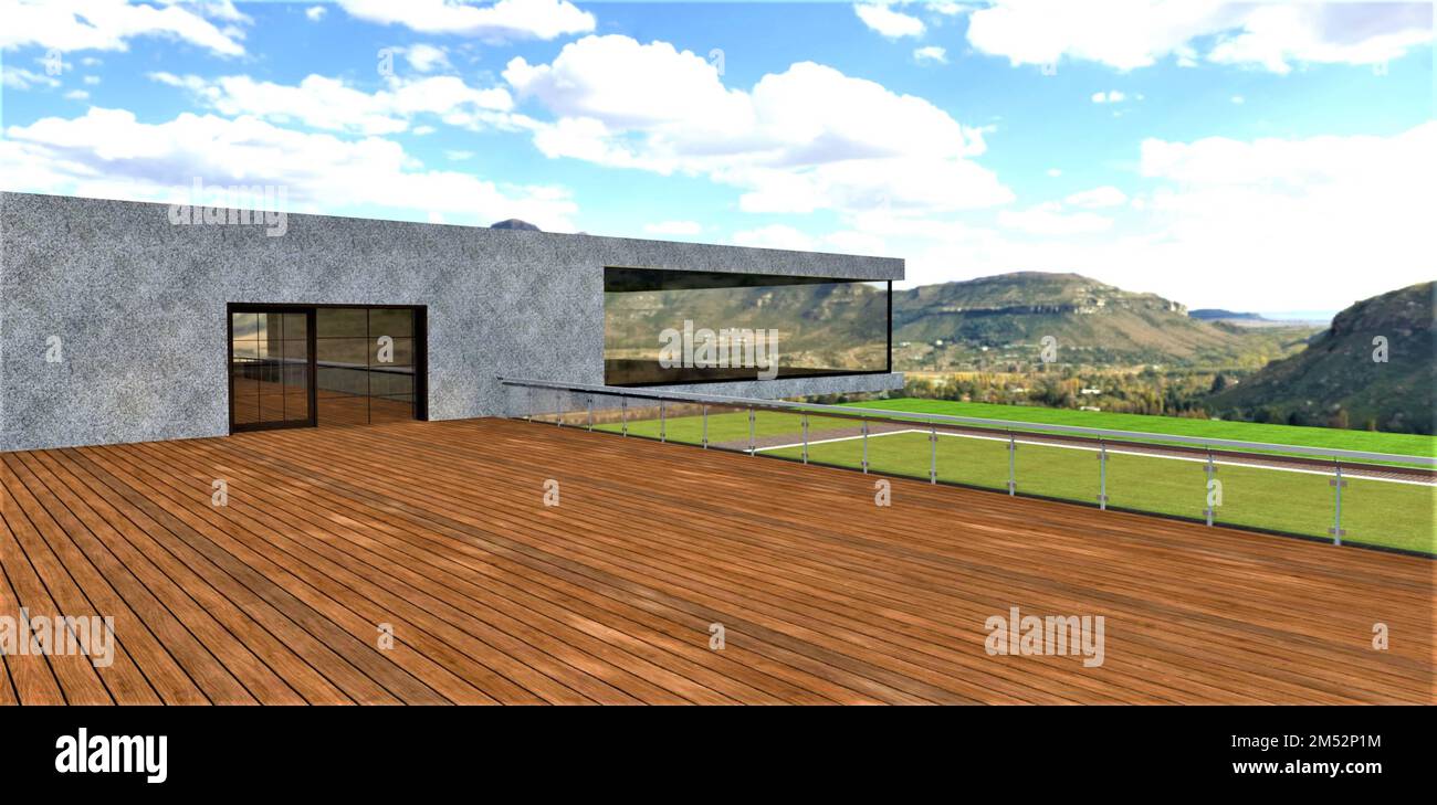 Spacious wooden terrace with glass railing on the roof of an amazing ...