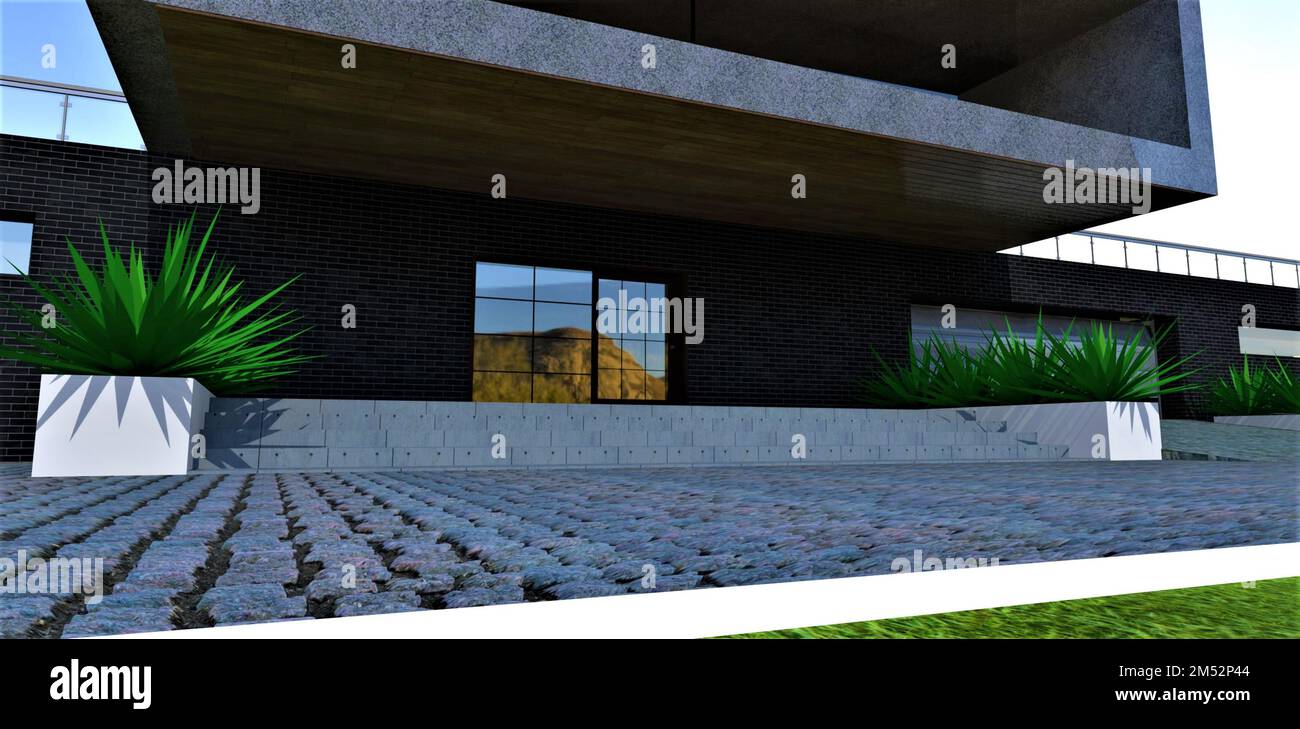 Stylish design of the porch of advanced suburban housing. Natural ...