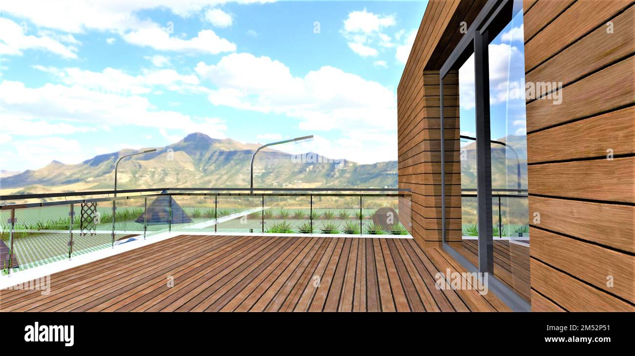 Stylish balcony design. Wooden flooring and walls. Glass fence ...