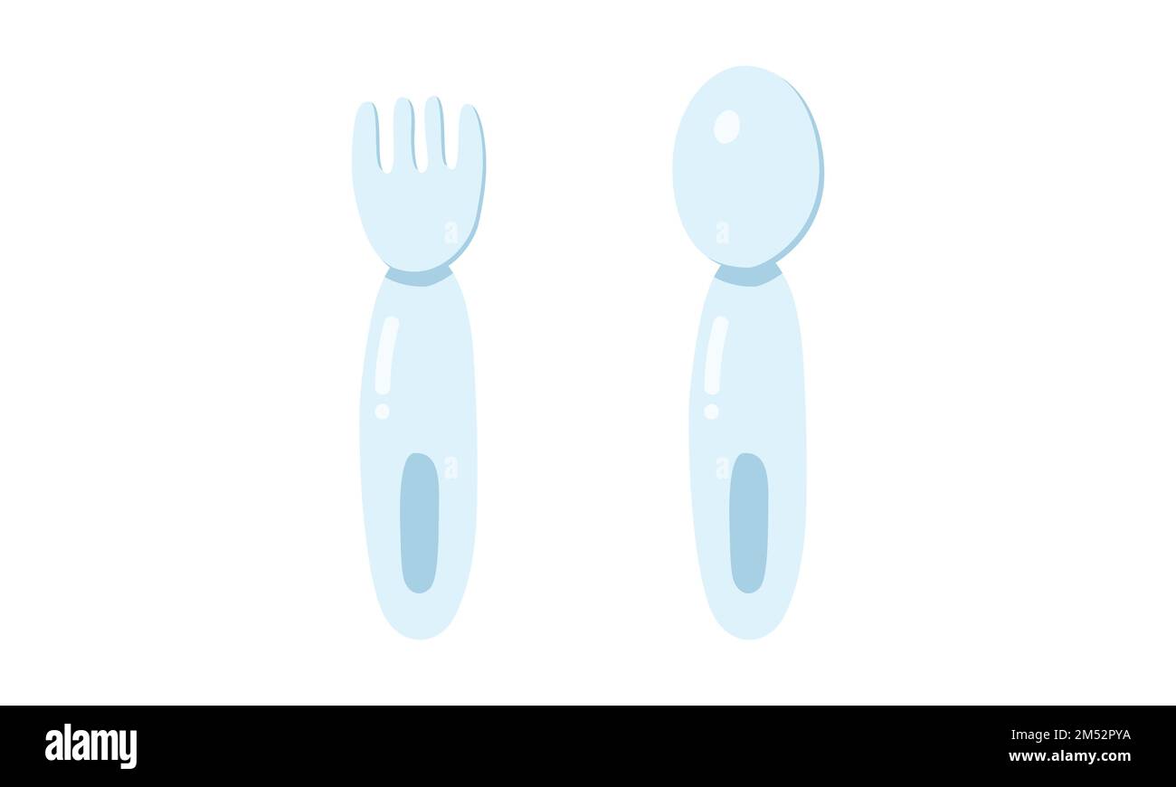 Set of fork and spoon for baby clipart. Soft baby weaning fork and spoon flat vector ...