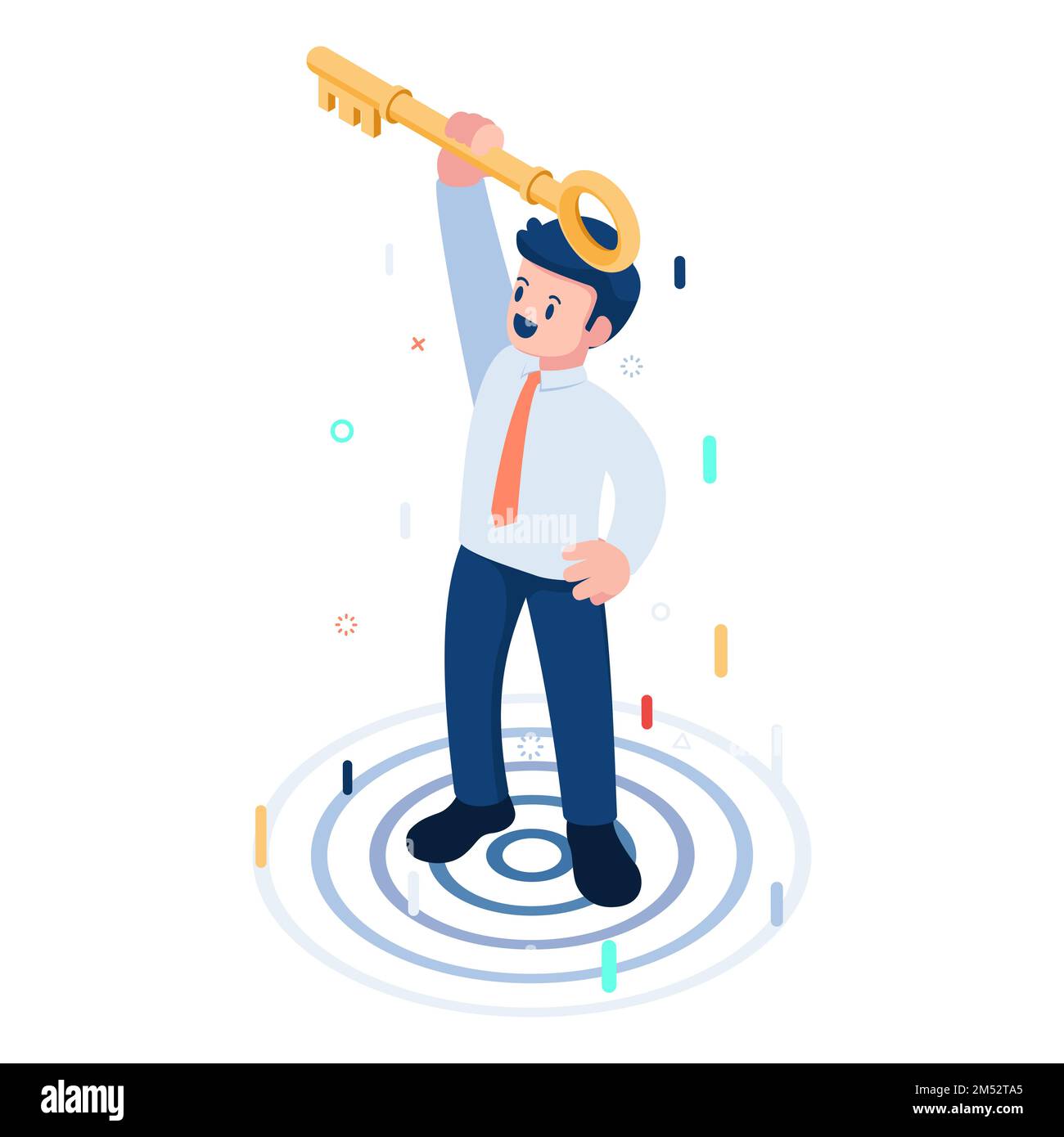 Flat 3d Isometric Businessman Raising Golden Key Above His Head. Key to ...