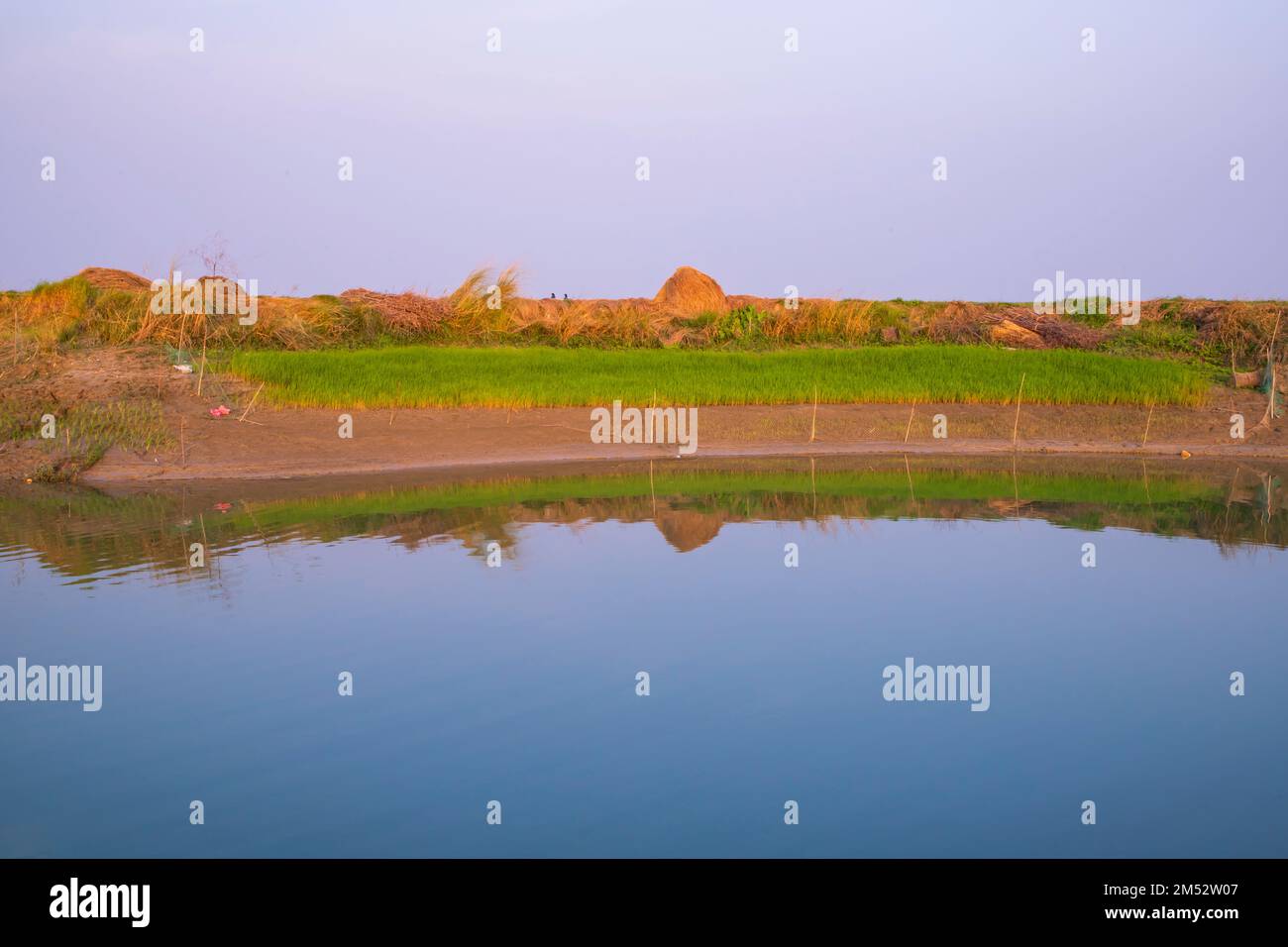 Canal with green grass and vegetation reflected in the water nearby ...