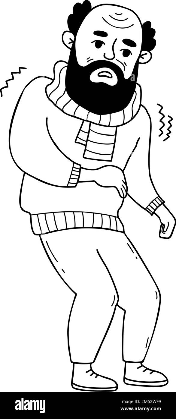 Cold, sick pensioner, an old man wrapped in scarf tremble. Vector ...