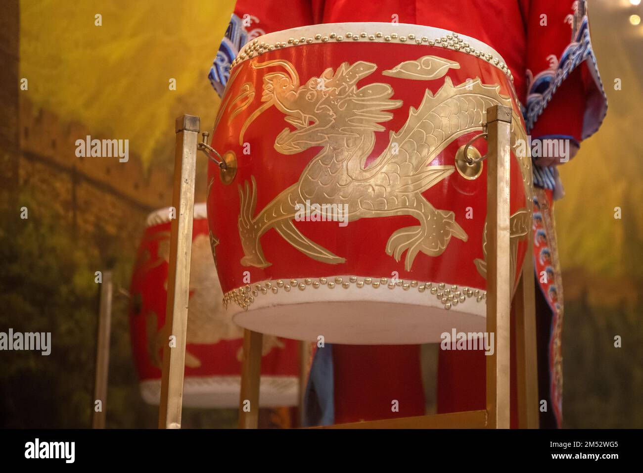 Closeup view of tanggu is traditional Chinese drum during a performance ...