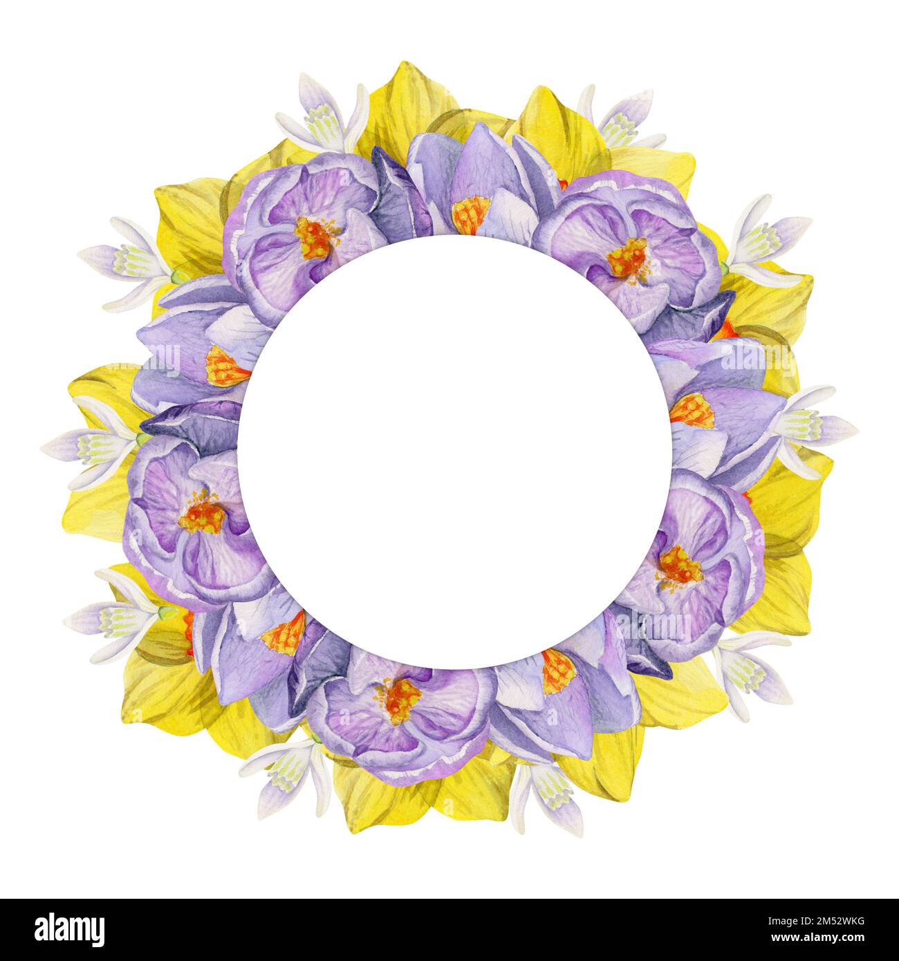 Watercolor hand drawn circle wreath with spring flowers, daffodils ...