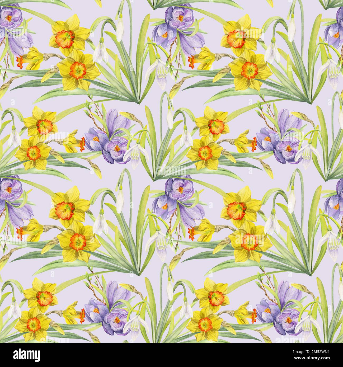 Watercolor hand drawn seamless pattern with spring flowers, daffodils ...