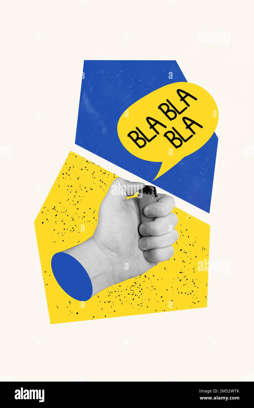 Vertical collage image of black white effect arm hold lighted bla blah ...