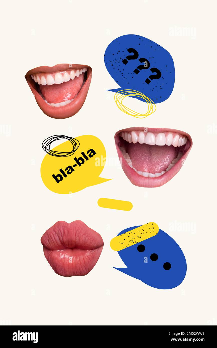 Vertical collage photo of talking mouth people conversation phrases ...