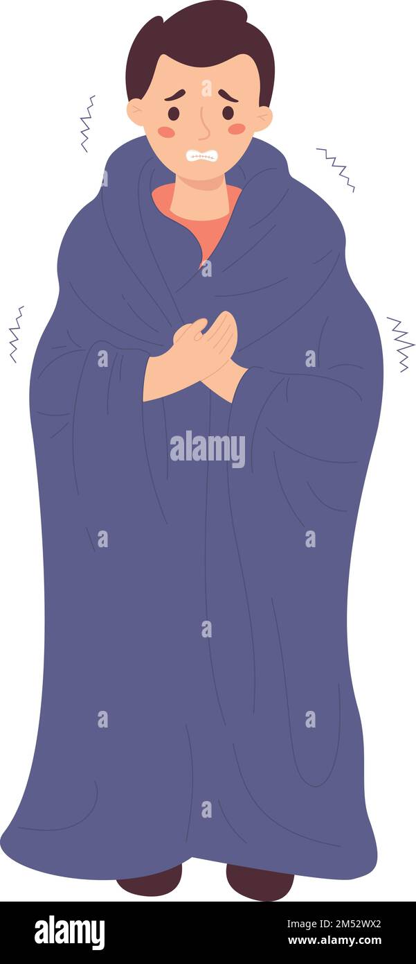 Unhappy sick man wrapped in blanket, freezing and trembling. Cartoon ...