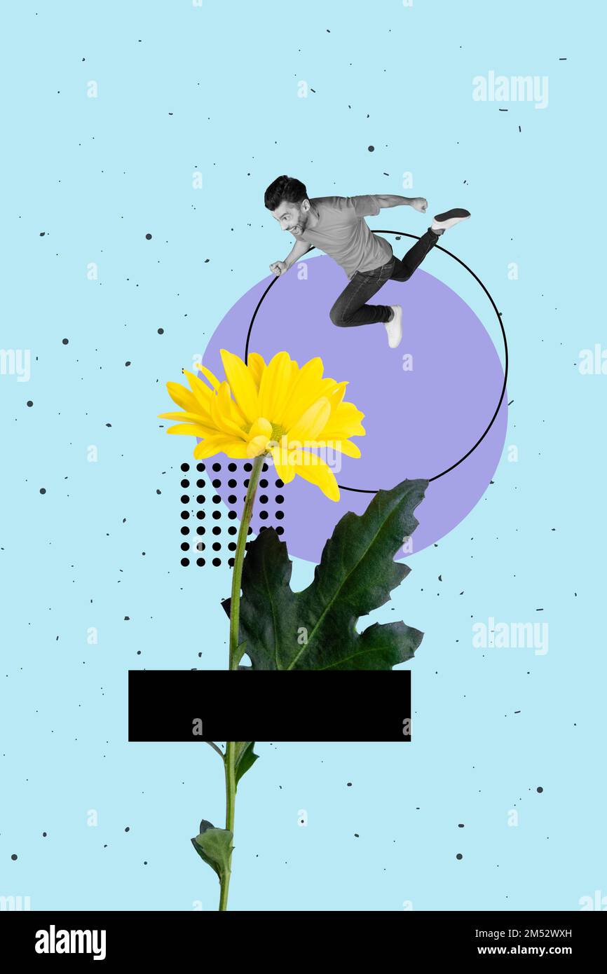 Vertical collage picture of overjoyed black white gamma guy jump fly ...