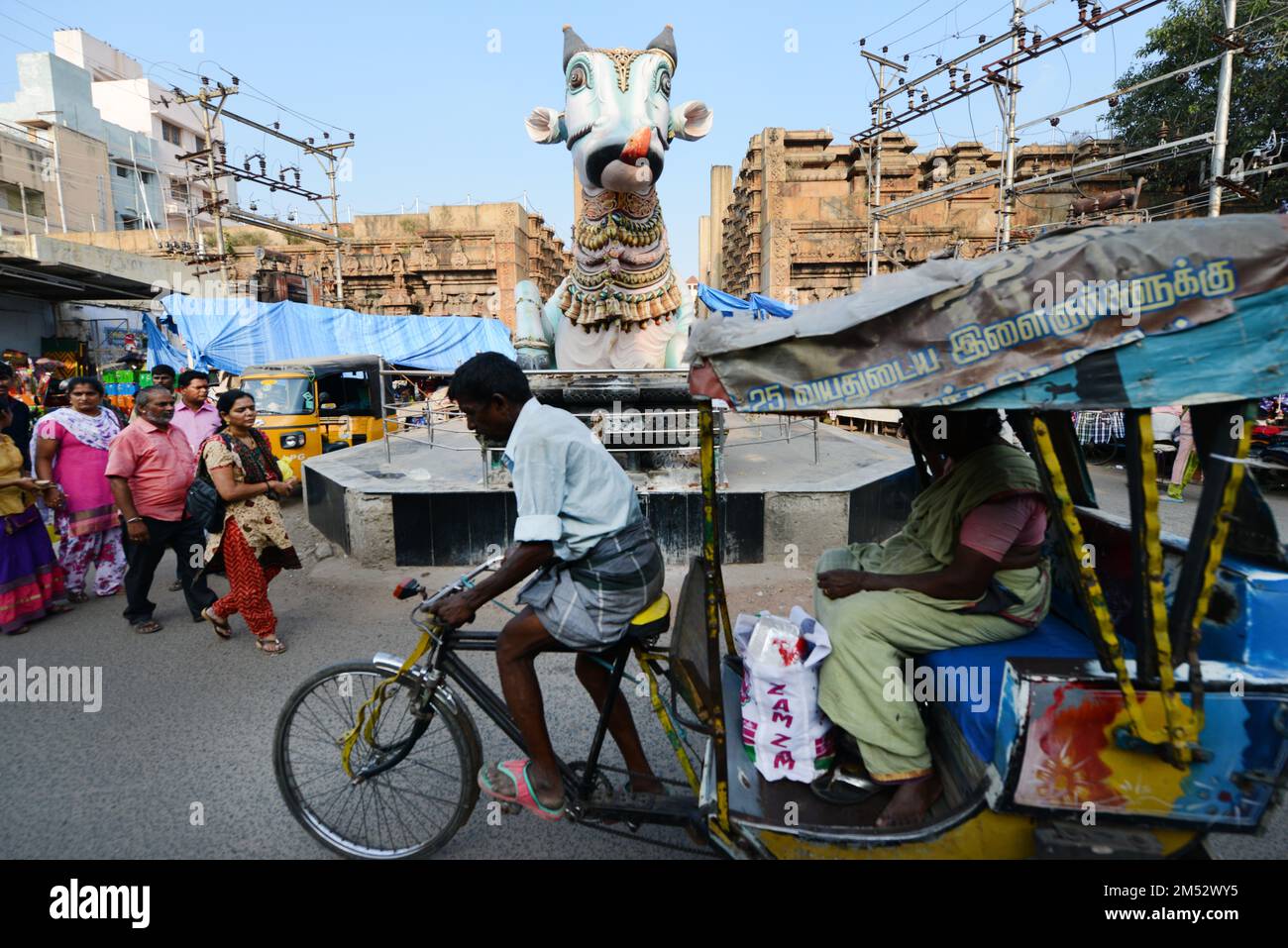 Nandi (Shiva’s bull) statue in a roundabout in the old city of Madurai ...