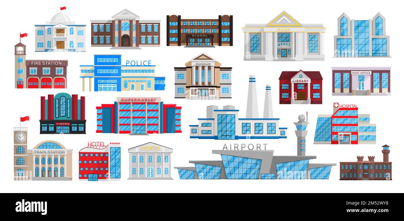 Buildings set isolated in Flat style vector. Municipal library, bank ...