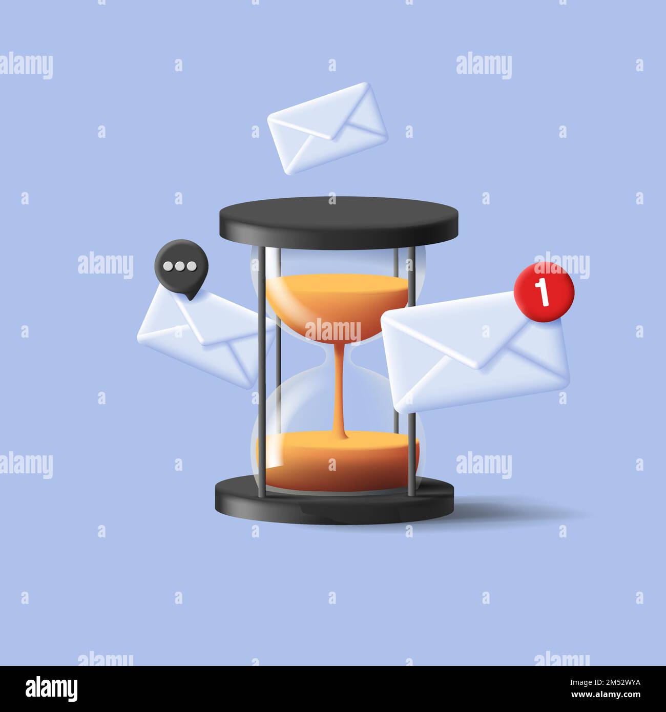 Glass sand clock 3d icon with white envelops around it, render ...