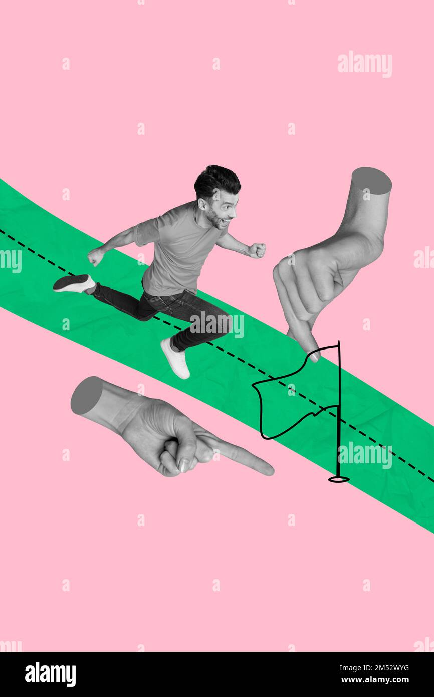 Photo collage of young excited runner guy finish line flag finger point ...