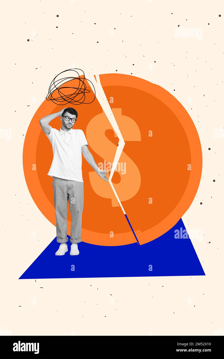 Vertical collage image of clueless mini black white effect guy scratch ...