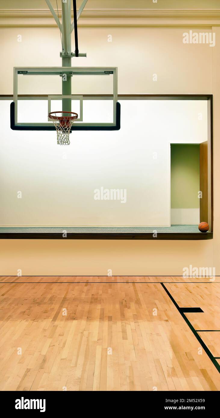 Close up Indoor gym Basketball hoop and backboard, artificial lighting ...