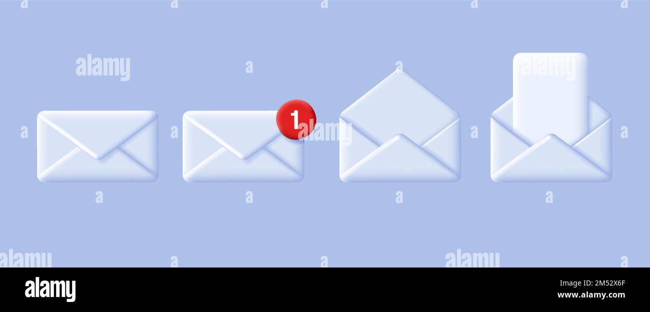 Set of 3d white mail envelops, open with document and closed with red ...