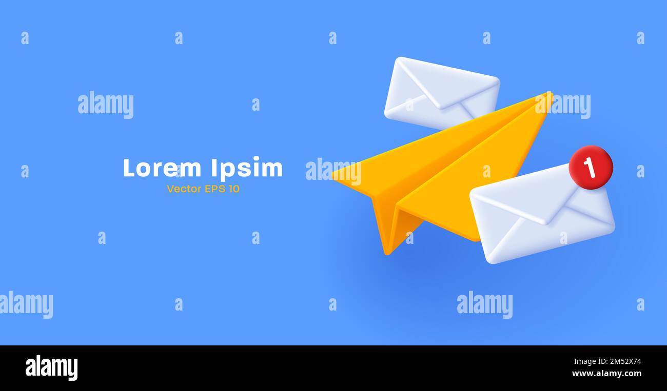 3d illustration of yellow paper plane with white mail envelopes Stock ...