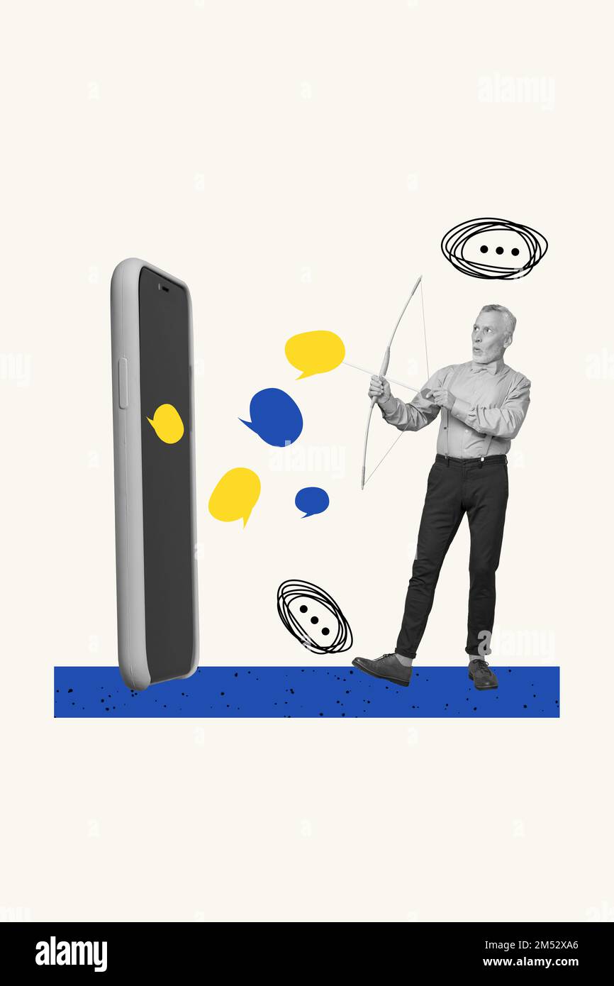 Vertical collage of black white colors mini grandfather hold bow shoot ...