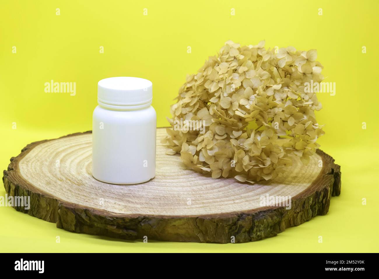 White plastic medical container with dried hydrangea flower on wooden ...
