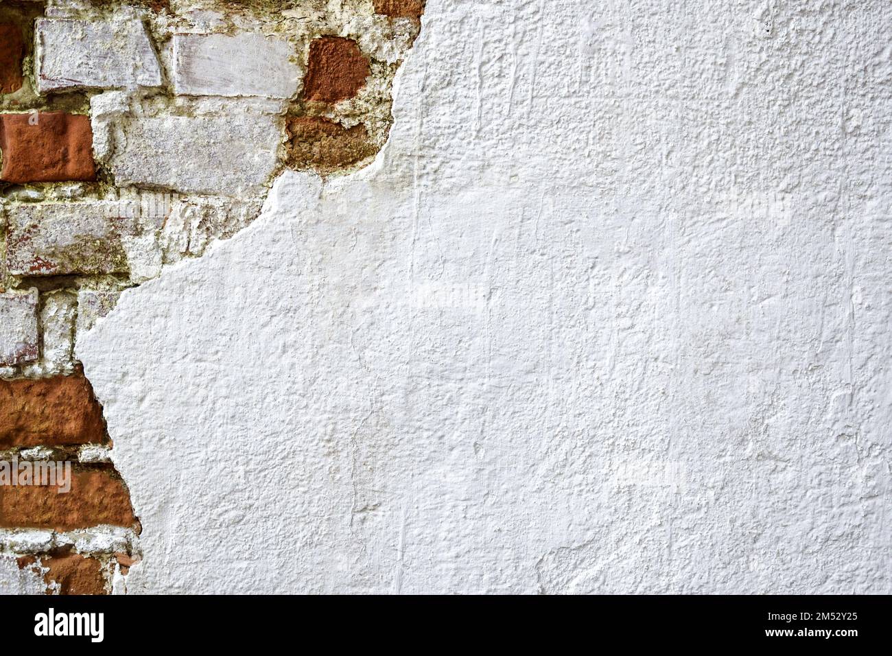 Texture of old brick wall with collapsed plaster. Background of shabby ...